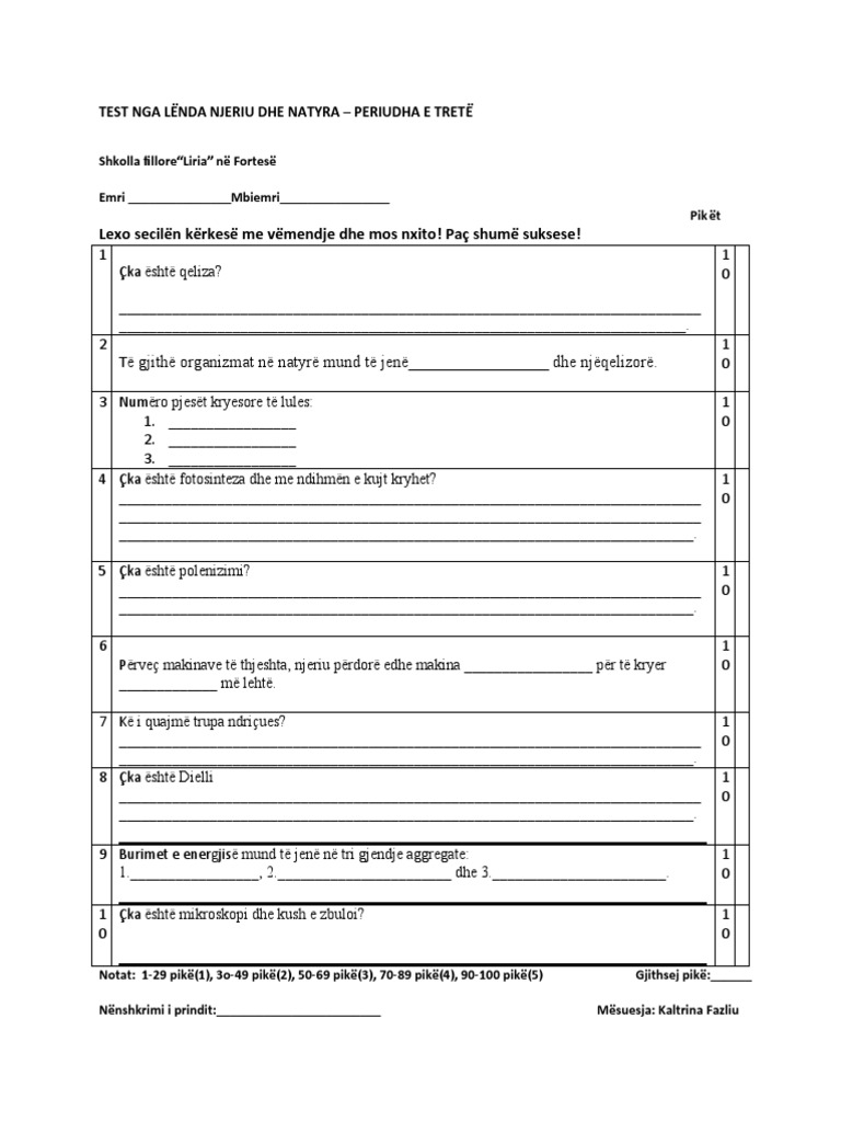 Test - Njeriu Dhe Natyra | PDF