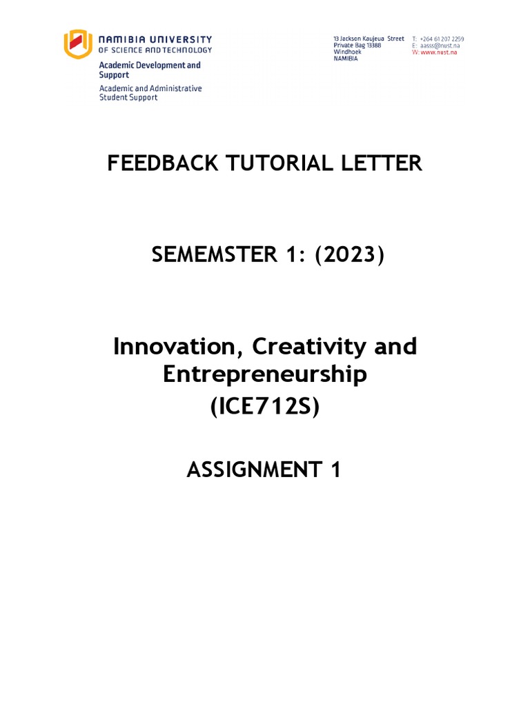 Innovation, Creativity and Entrepreneurship (ICE712S) Asssignment 1 Feedback Tutorial Letter Sem ...