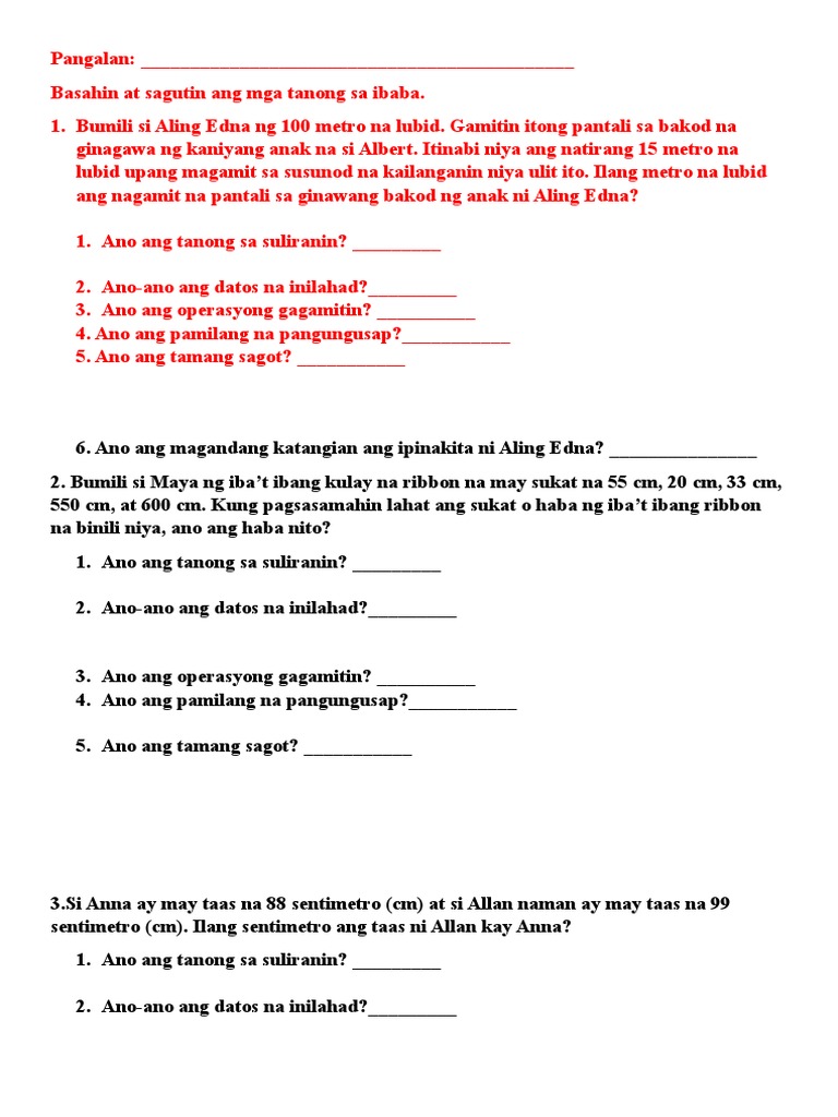 Math Problems Unit of Length | PDF