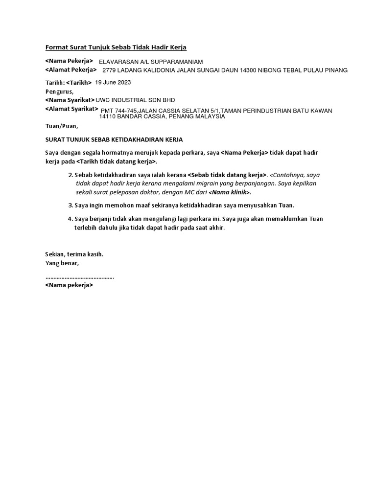 Format Surat Tunjuk Sebab Tidak Hadir Kerja | PDF