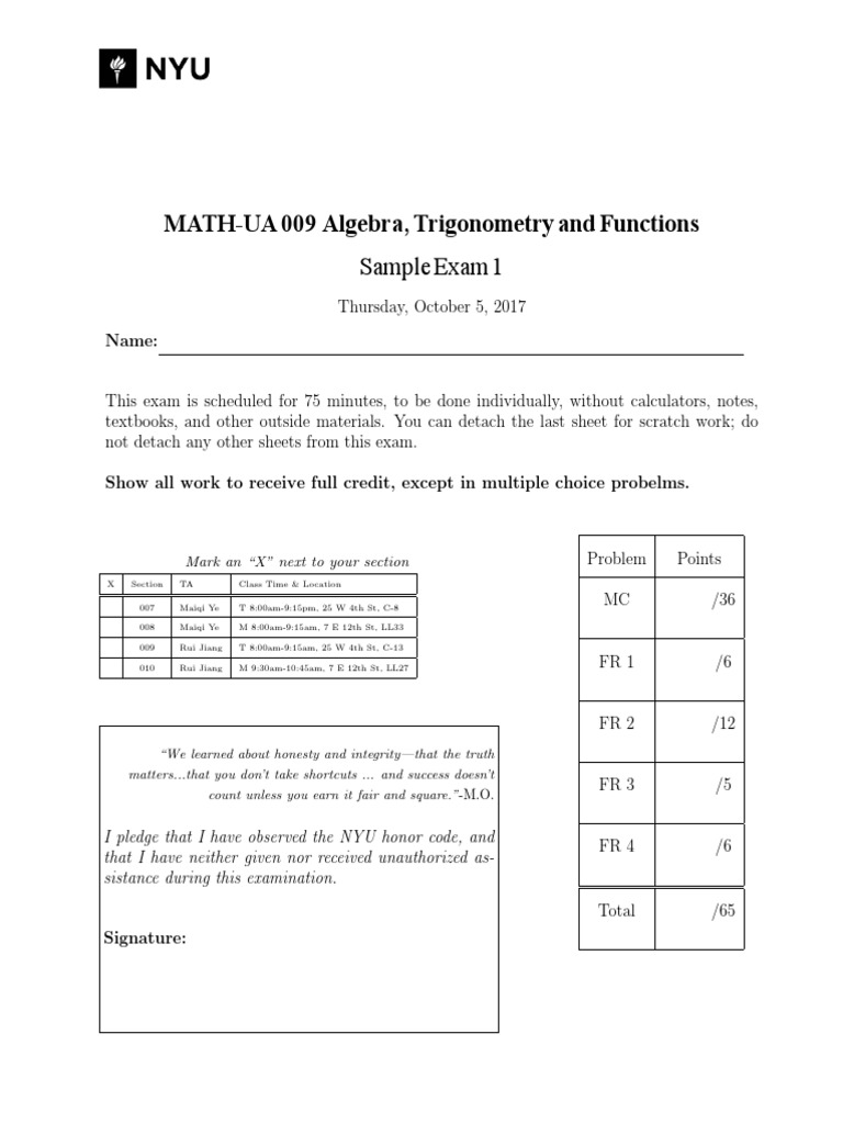 ATF - Sample Exam 1B | PDF | Function (Mathematics) | Inequality (Mathematics)