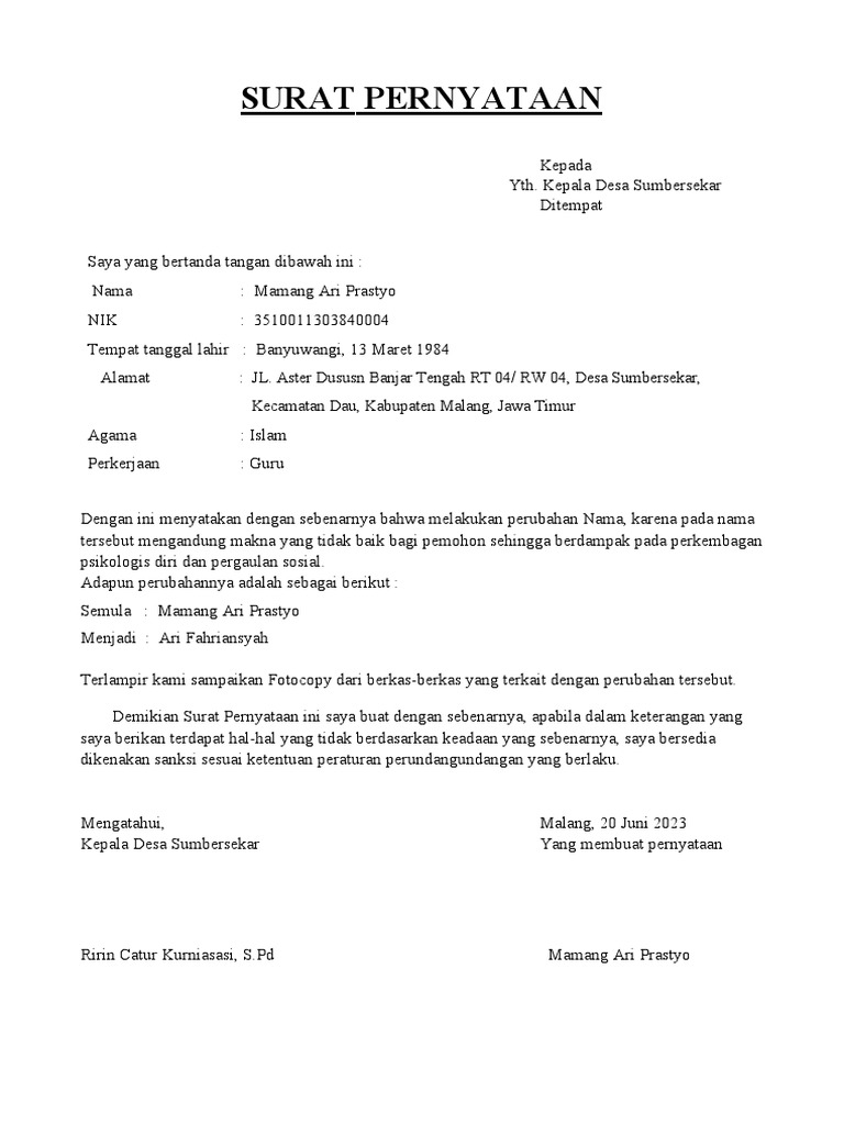 Surat Pernyataan Ganti Nama | PDF