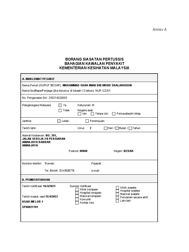 Borang Siasatan Kes Pertussis | PDF