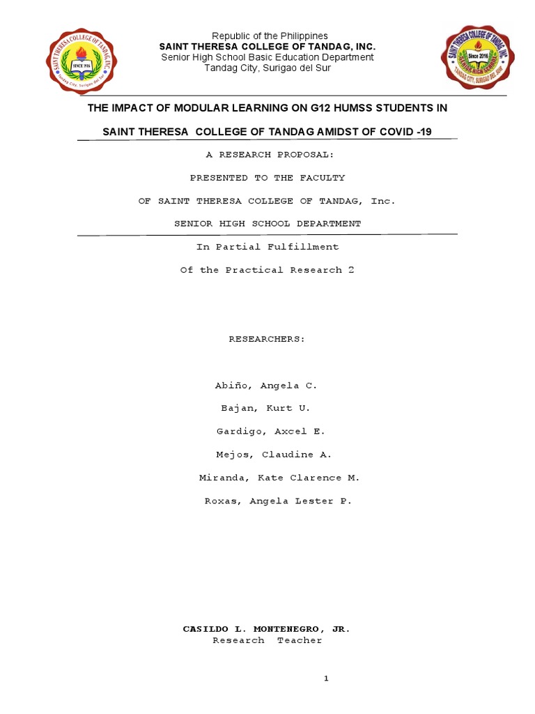 THE IMPACT OF MODULAR LEARNING ON G12 HUMSS STUDENTS IN SAINT THERESA ...