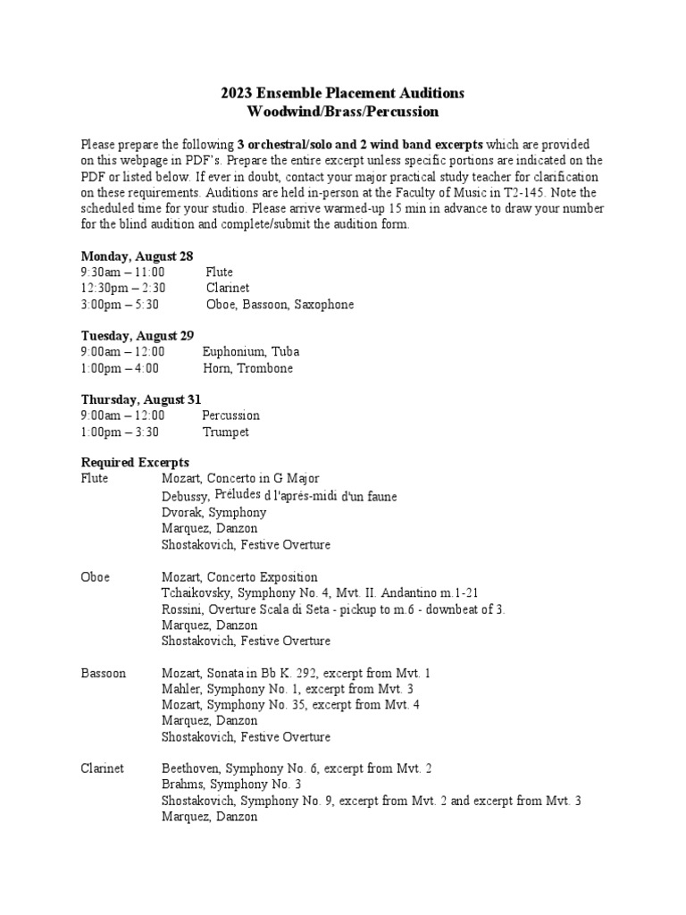 2023 Ensemble Auditions Woodwind Brass Percussion Instructions | PDF ...