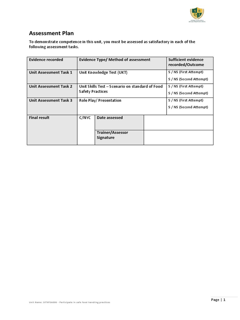 SITXFSA006 Food Safety Assessment Guide | PDF | Educational Assessment ...