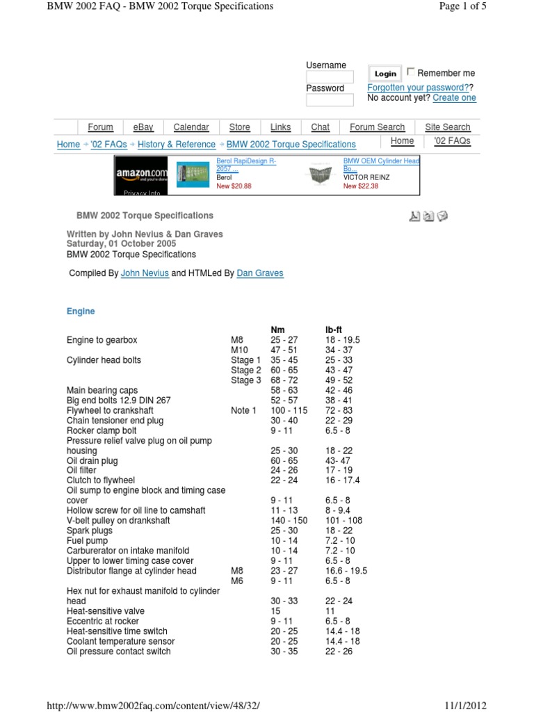 Torque Specs (1) BMW M10 | PDF | Axle | Steering