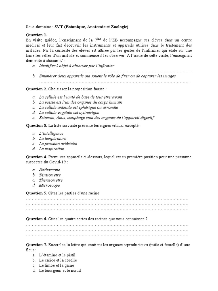 Questionnaire Tenasosp 2024 SVT | PDF