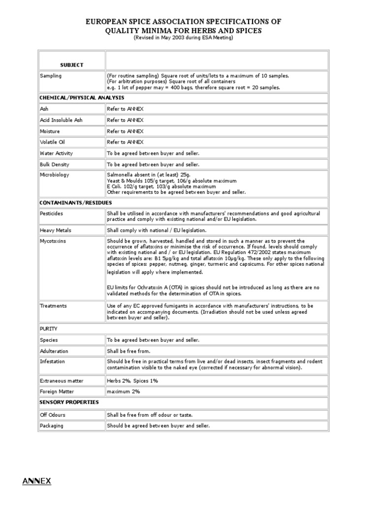ESA Sample Specification Herbs and Spices (2003) | PDF | Spice | Mycotoxin