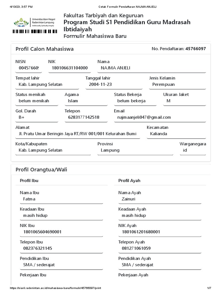 Cetak Formulir Pendaftaran NAJMA ANJELI | PDF
