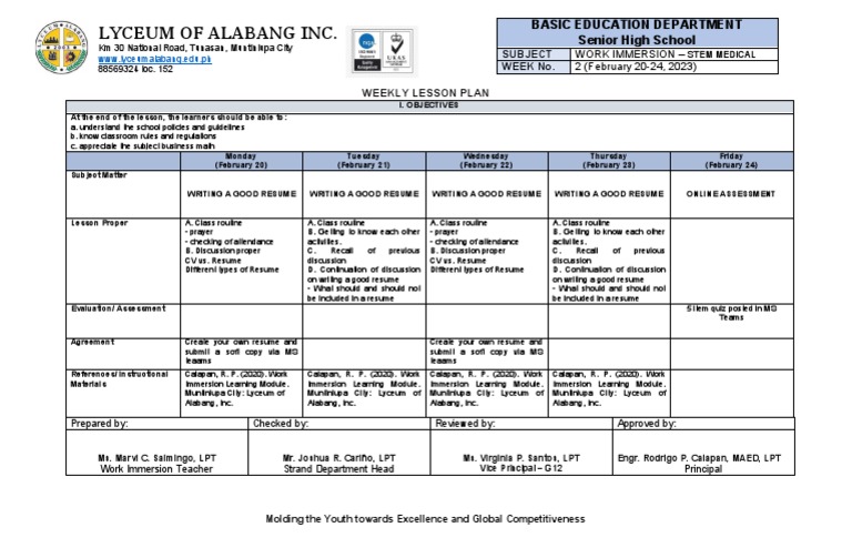 Week 2 Work Immersion Lesson Plan | PDF | Change | Communication