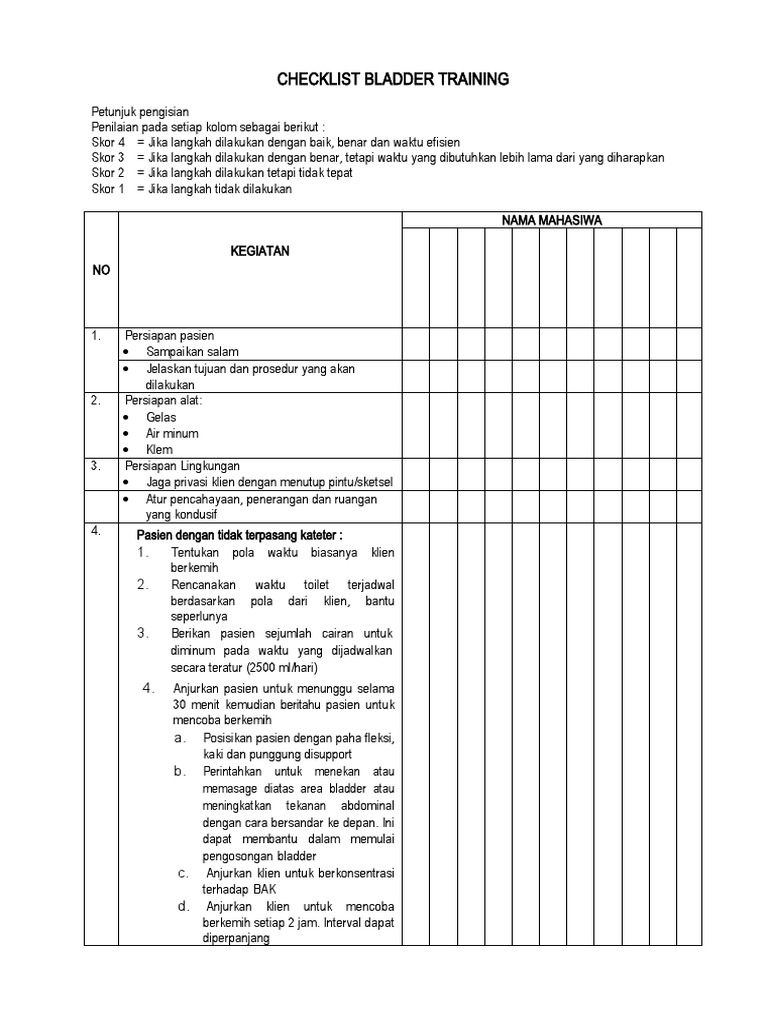 Checklist Bladder Training S1 | PDF
