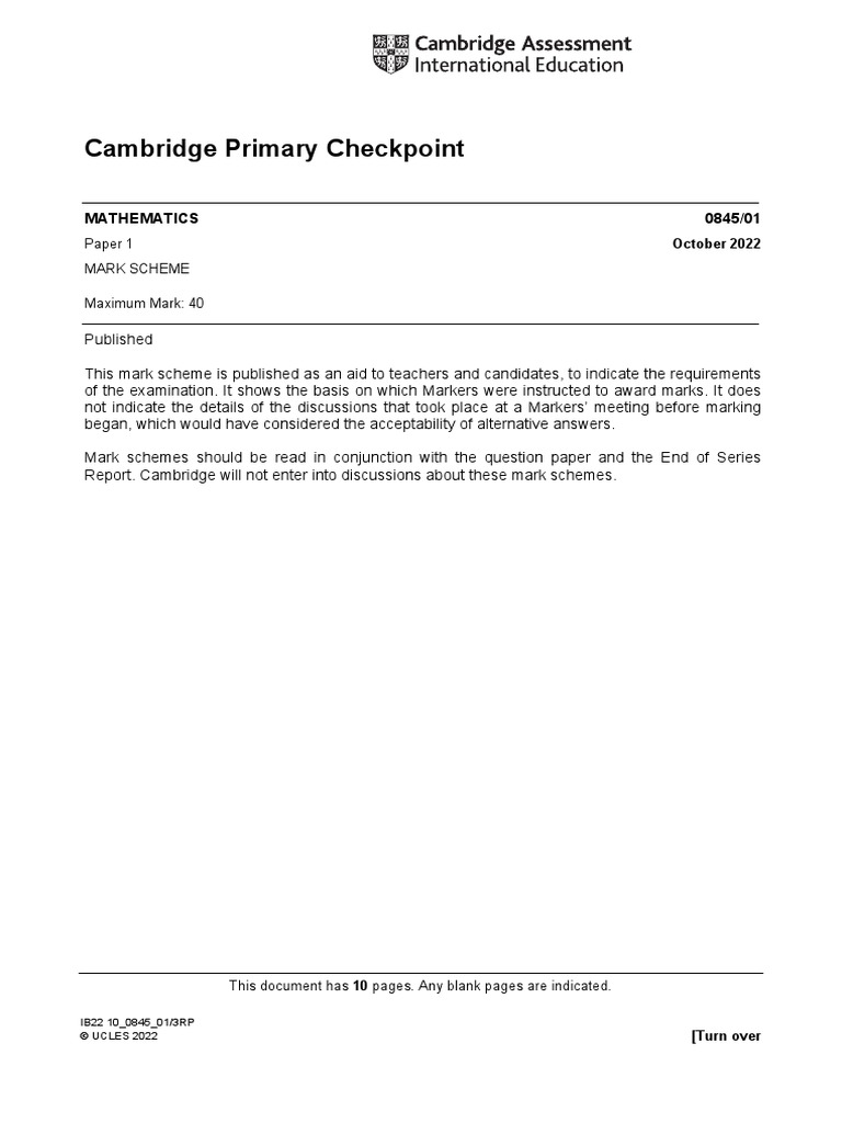 Cambridge Primary Checkpoint: Mathematics 0845/01 | PDF