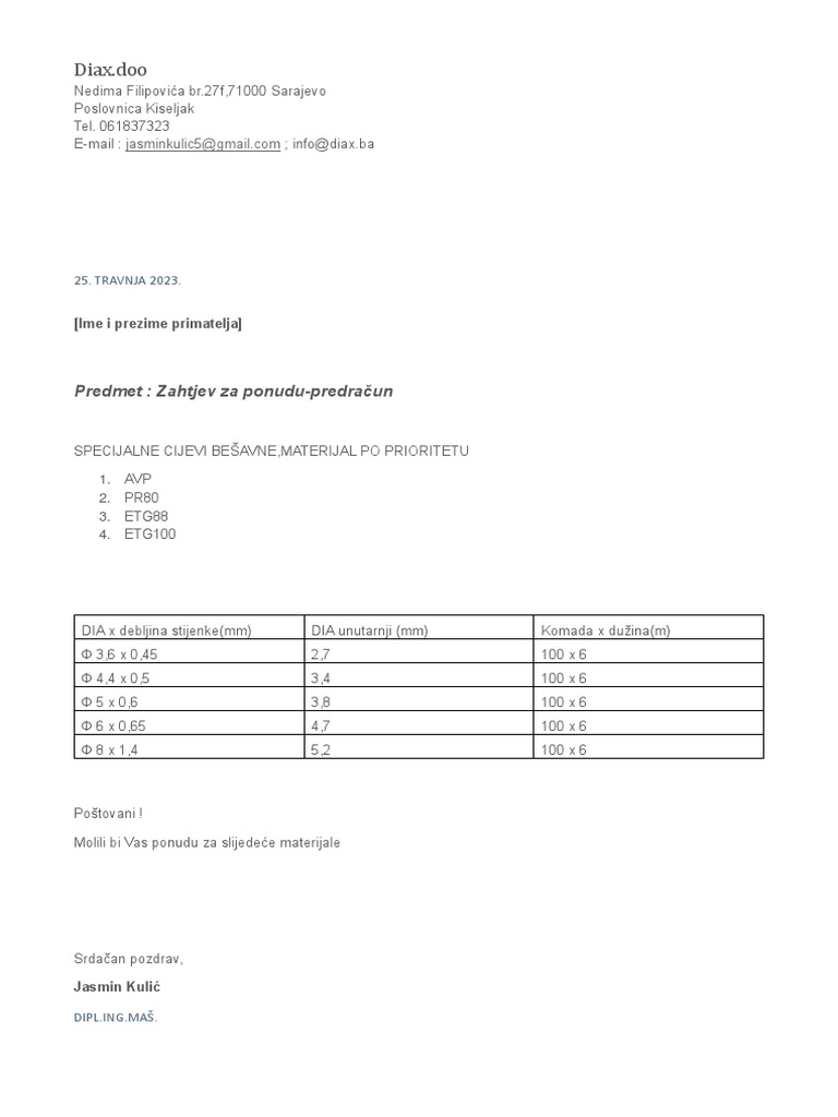 Zahtjev Za Ponudu | PDF