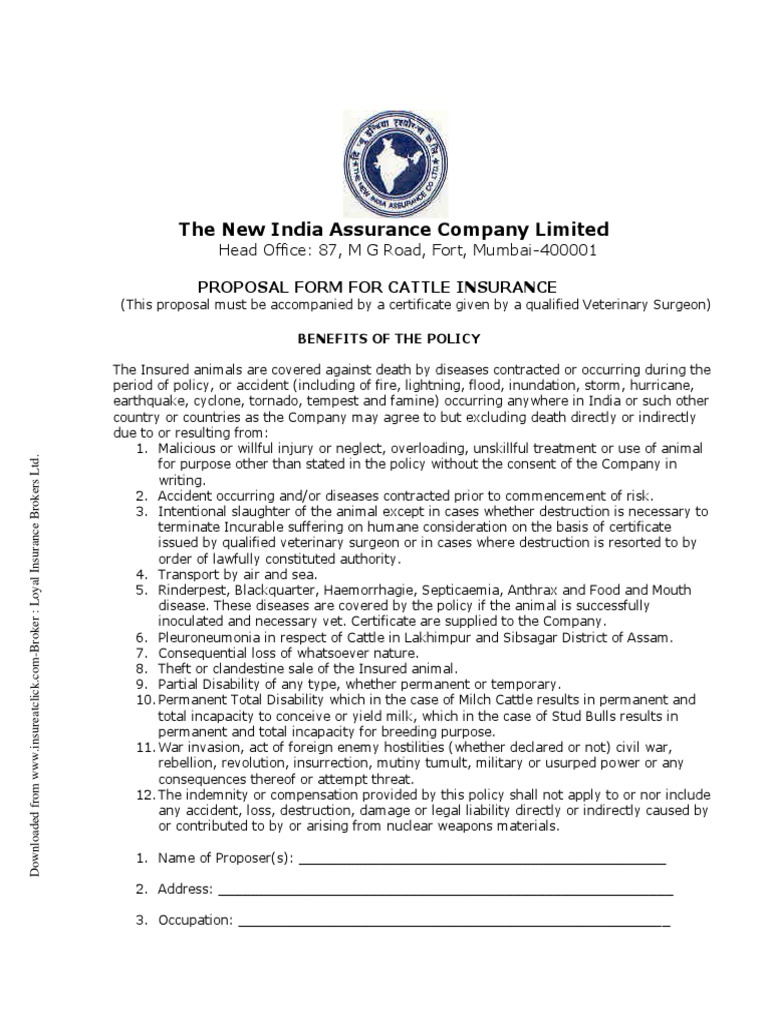 new-india-cattle-insurance-proposal-form | PDF | Insurance | Underwriting