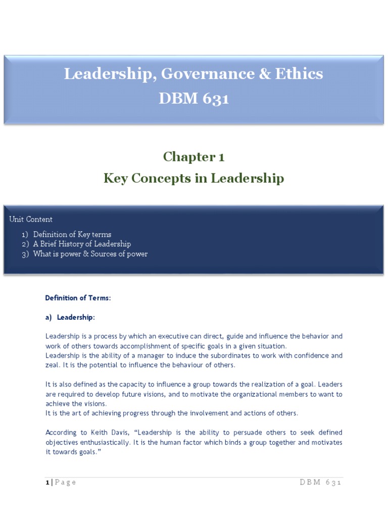 DBM 631 - Chapter 1 - Key Concepts of Leadership | PDF | Leadership ...