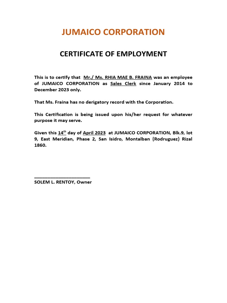 Certificate of Employment | PDF