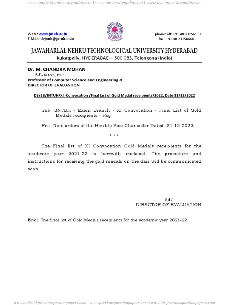 JNTUH Gold Medal Final List 31122022 | PDF