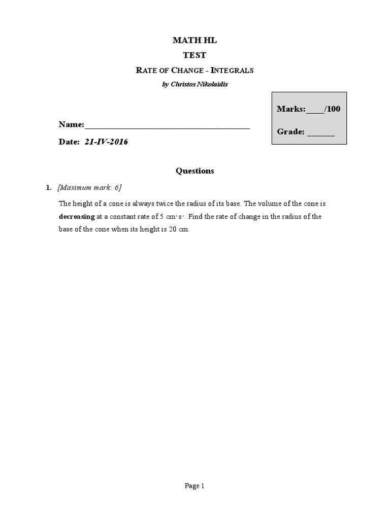 TEST 5. Integrals-Rate of Change (2016) | PDF | Geometry