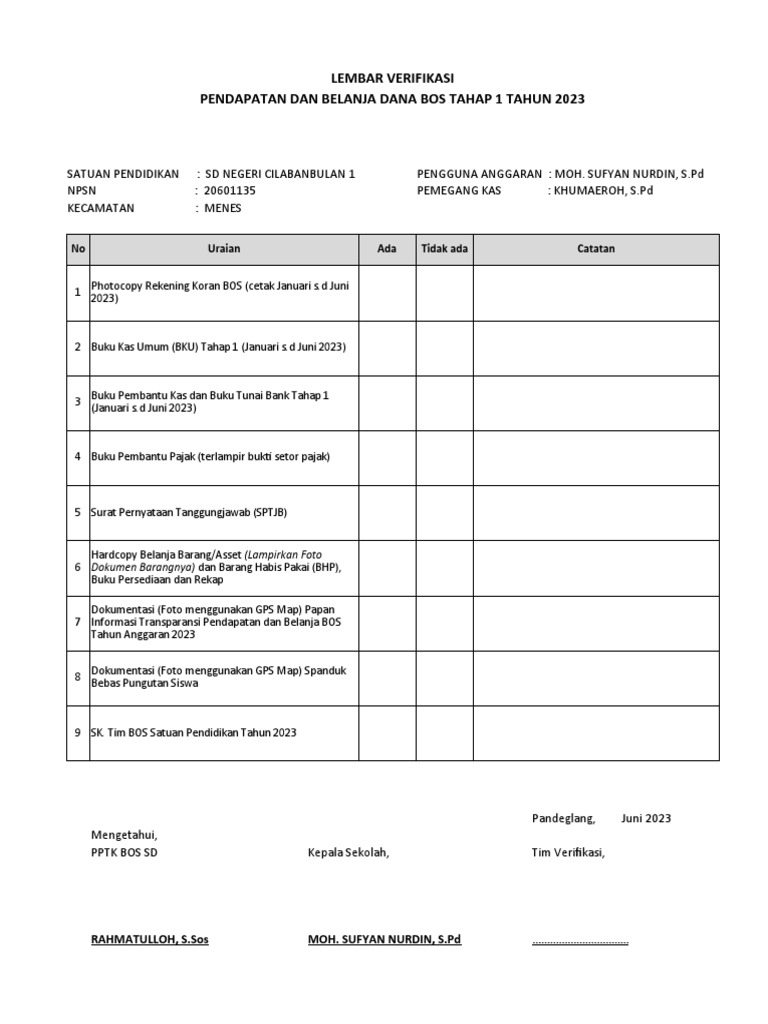 Lembar Verifikasi Bosp 2023 | PDF