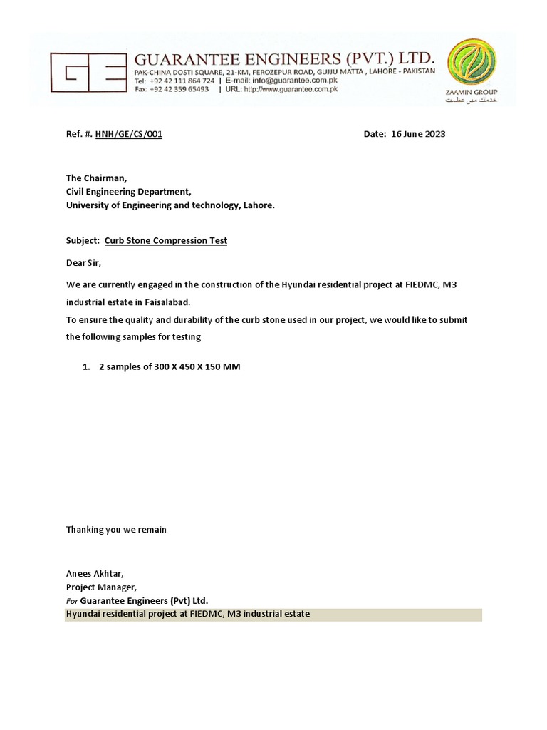 CURB STONE TESTING LETTER | PDF