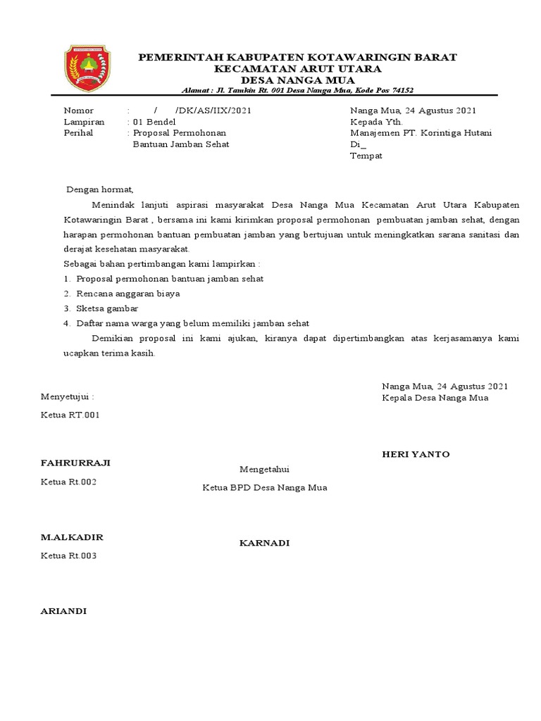 Proposal Permohonan Jamban Desa NANGA MUA | PDF