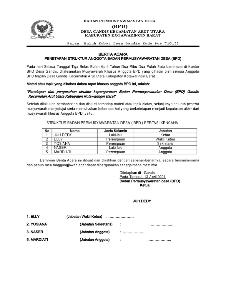 Berita Acara Penetapan Struktur BPD | PDF