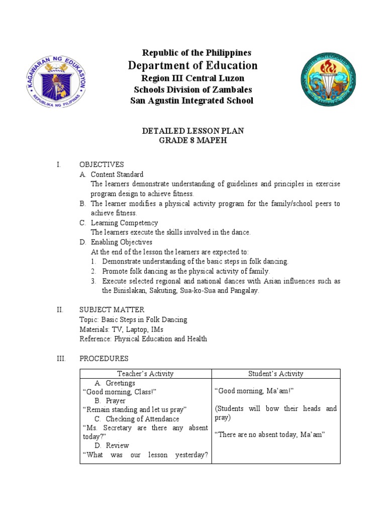Lesson Plan Mapeh P.E 8 | PDF | Learning | Lesson Plan