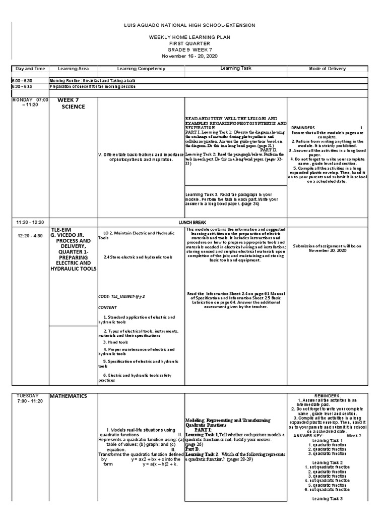 Grade 9 Week 7 Learning Plan | PDF | Function (Mathematics) | Tools