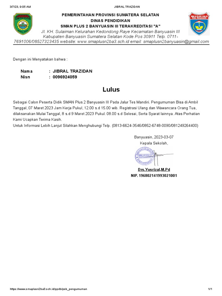 Pengumuman Lulus Jibral Trazidan | PDF