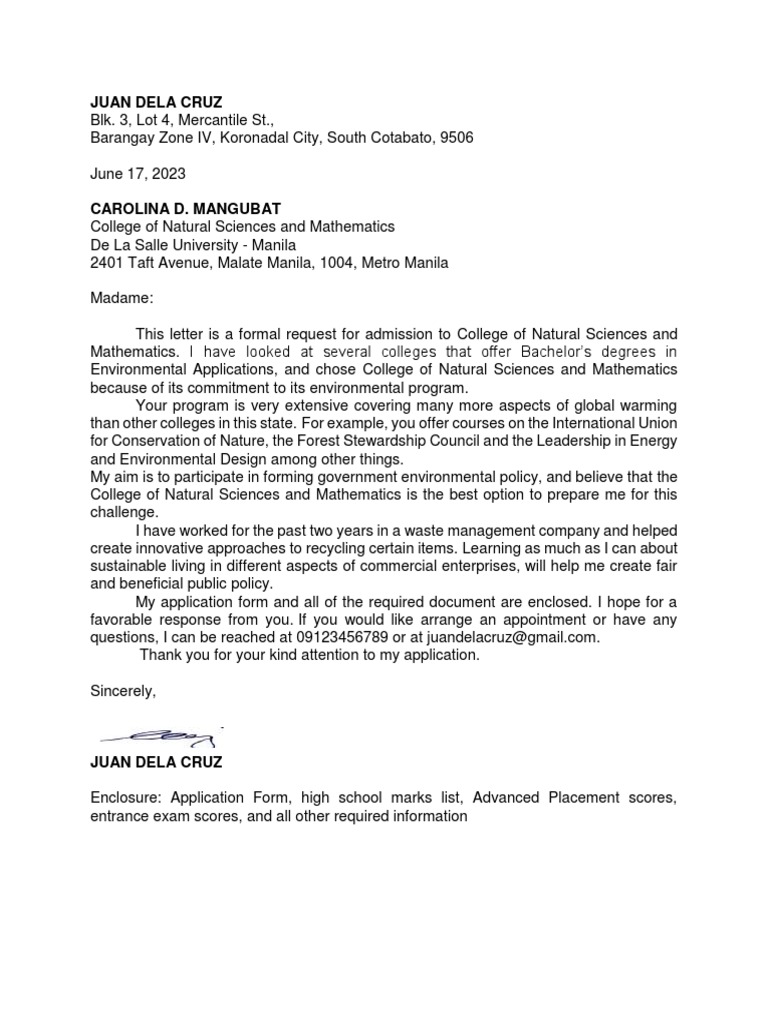 Sample College Application Letter | PDF