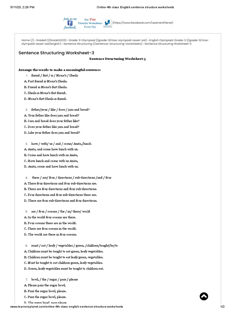 Online 4th Class English Sentence Structure Worksheets | PDF | Verb ...