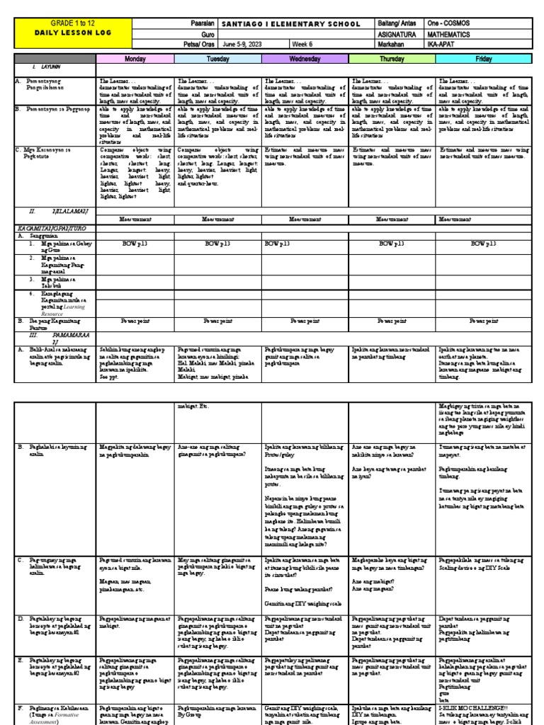 DLL-Q4-W6 Math | PDF | Mathematics | Physics