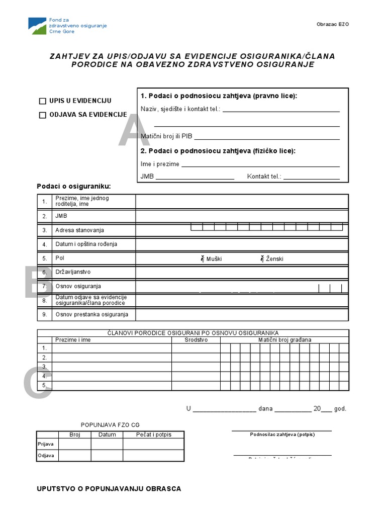 Obrazac Prijava Za Zdravstveno Osiguranje ZZO | PDF