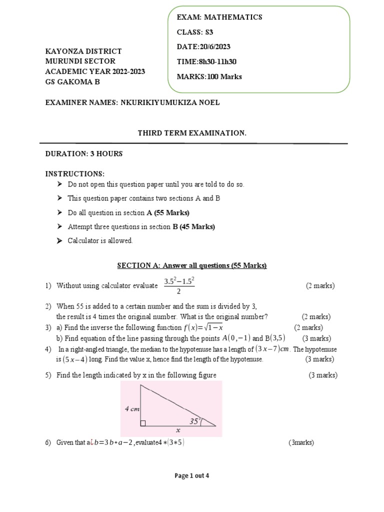 Gs Gakoma B s3 Third Term Exam | PDF | Cartesian Coordinate System ...