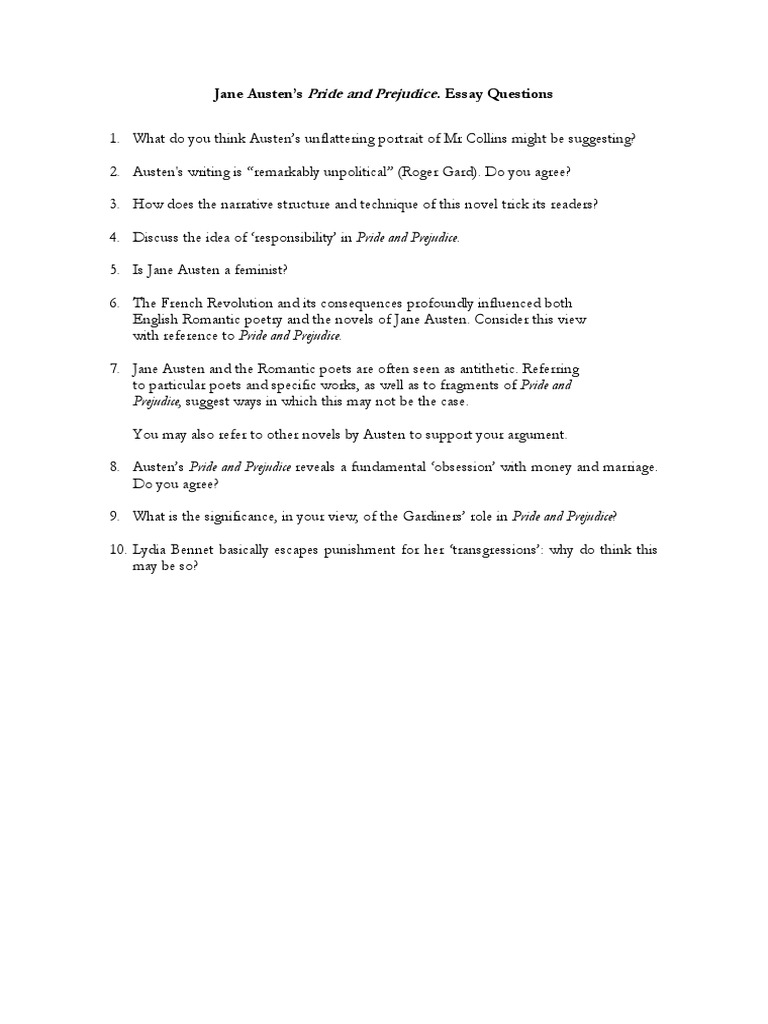 Pride and Prejudice Essay Questions | PDF