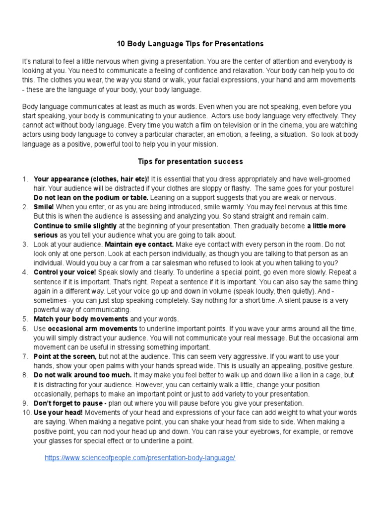 10 Body Language Tips For Presentations Pdf Body Language
