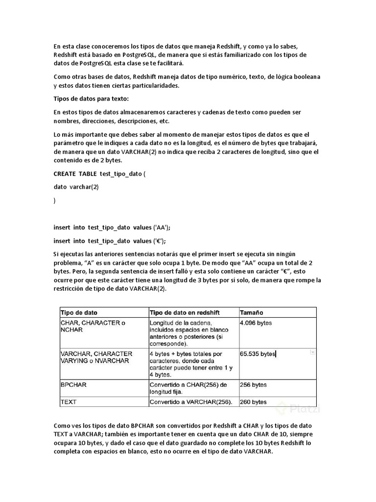 18.1 Tipos de Datos en AWS Redshift | PDF | Métodos y materiales de ...