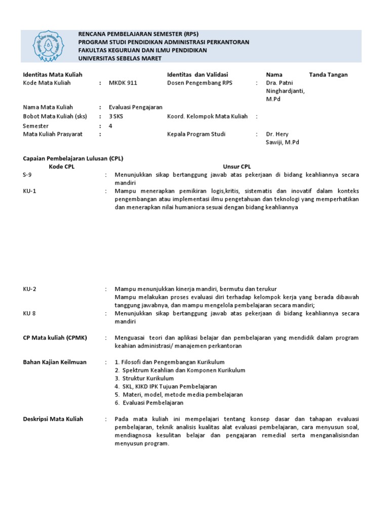 Rps Evaluasi Pengajaran Januari 2020 | PDF