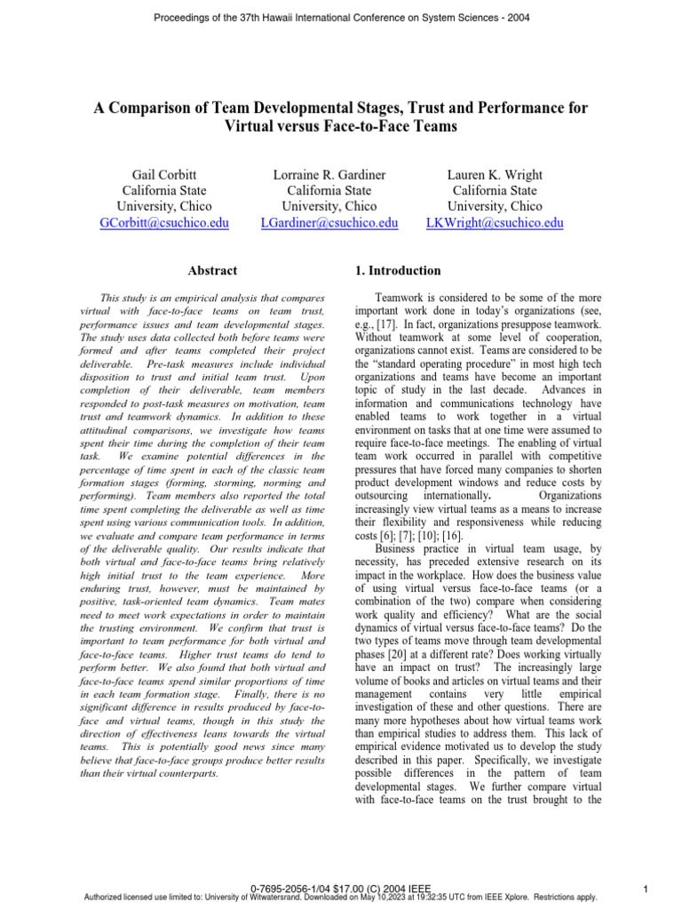 A Comparison of Team Developmental Stages Trust and Performance For ...