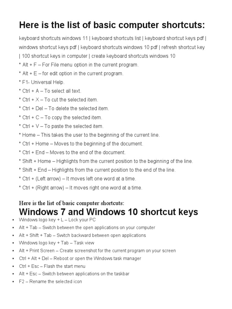 Basic Shortcuts | PDF | Keyboard Shortcut | Computer Keyboard