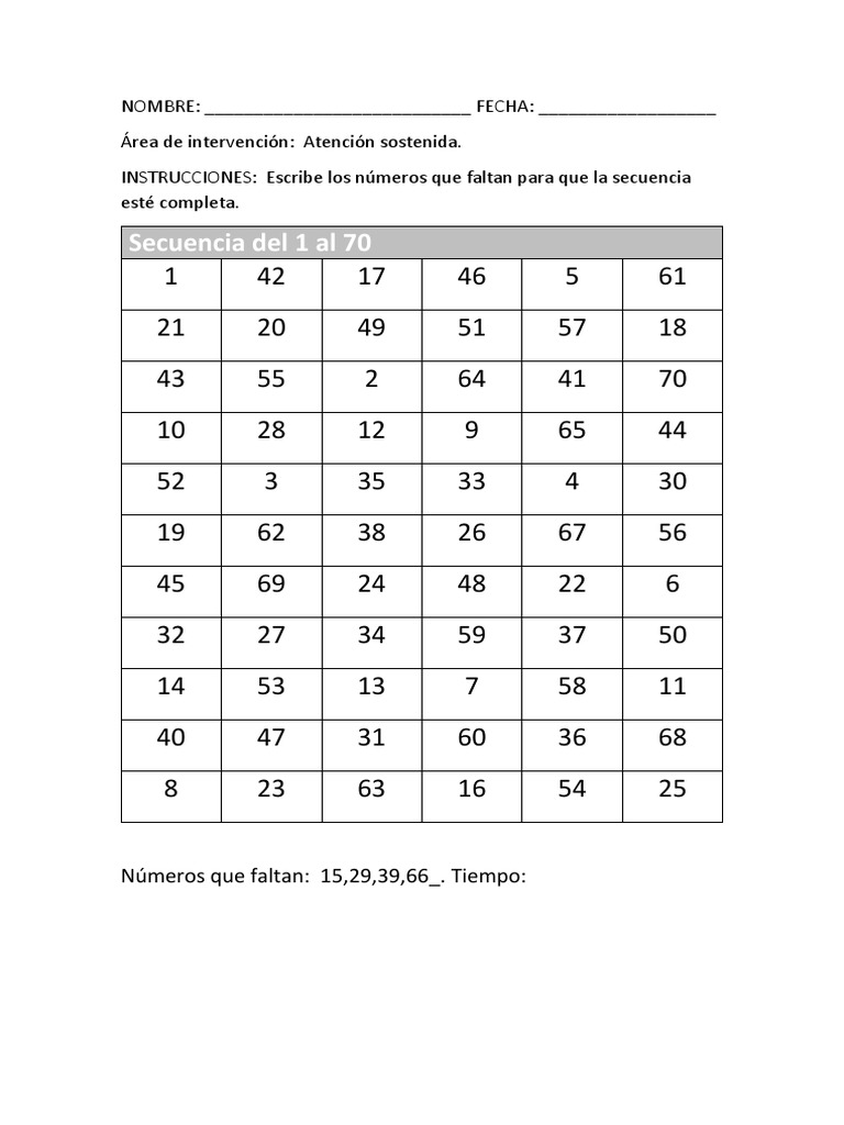 Completar Secuencias Numéricas 1-70 | PDF