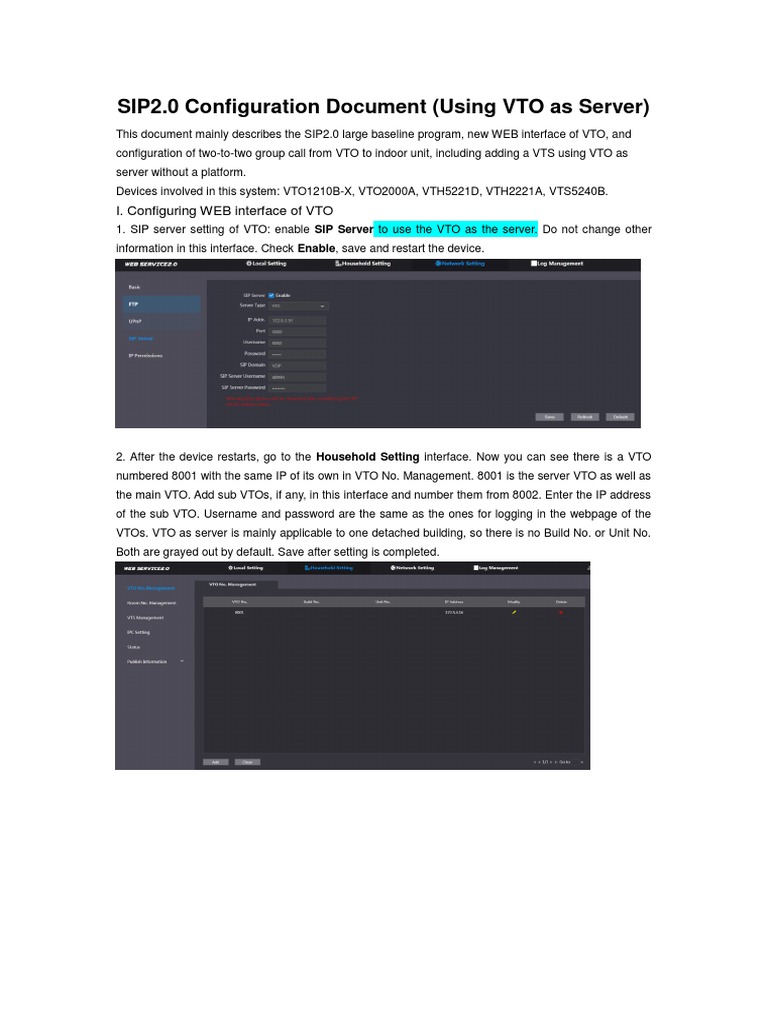 SIP2.0 Configuration Document (Using VTO As Server) | PDF | Ip Address ...