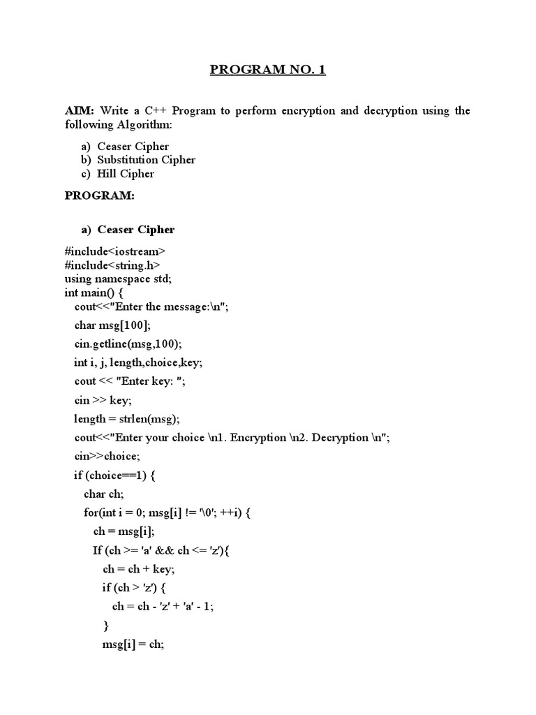 Program No 1 Aim Write A C Program To Perform Encryption And