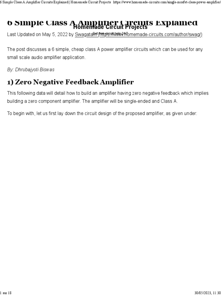 6 Simple Class a Amplifier Circuits Explained Homemade Circuit Projects | PDF | Amplifier ...