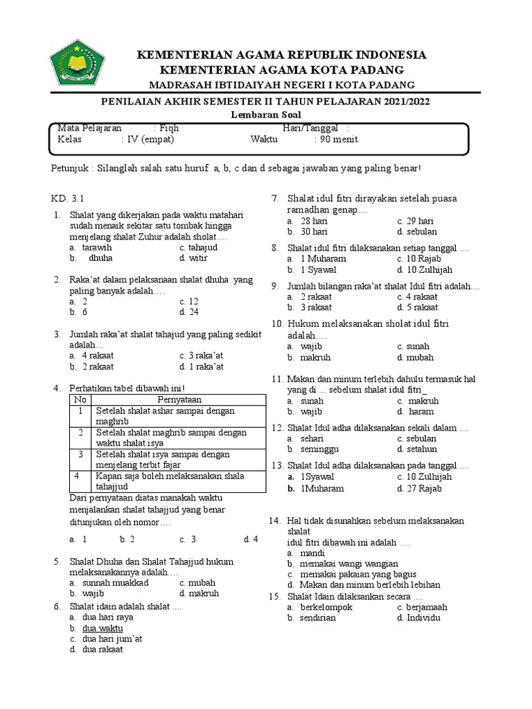 Soal FQ Kls 4 SMT 2 TP 2021-2022 | PDF