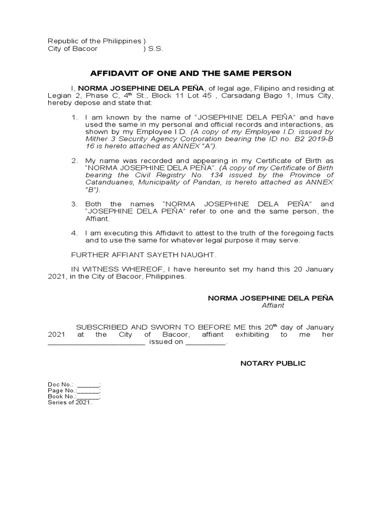 Affidavit of One and The Same Person | PDF