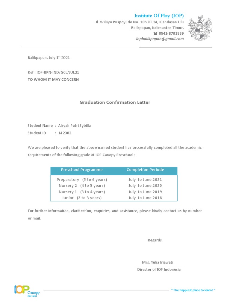 Graduation Confirmation Letter: Institute of Play (IOP) | PDF ...