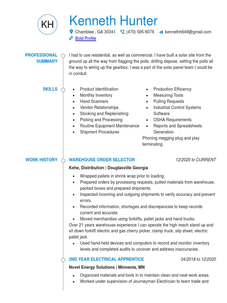 Kenneth - Hunter - Electrician Apprentice Resume | PDF | Electrician | Warehouse