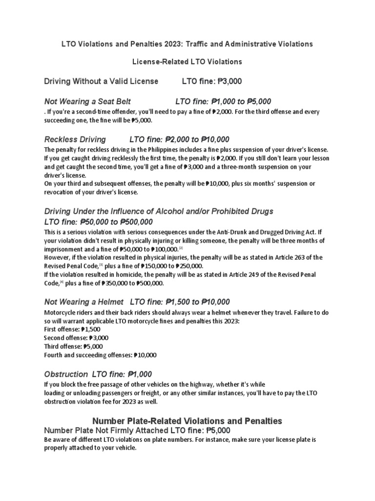 LTO Violations and Penalties 2023 | PDF | Vehicle Registration Plate ...